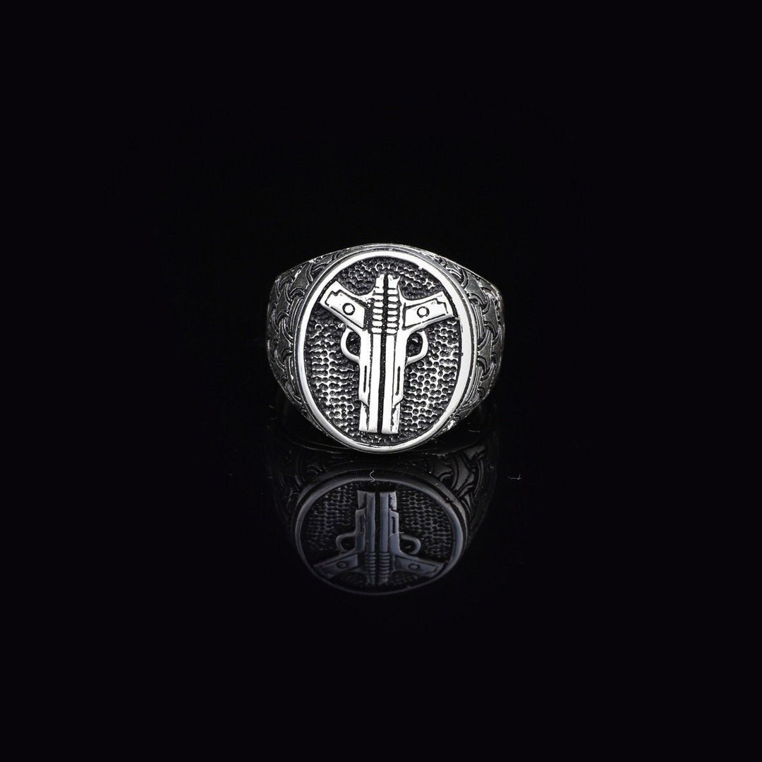 Pistol Sterling Silver Men Signet Ring, Handgun Silver Signet Ring ...