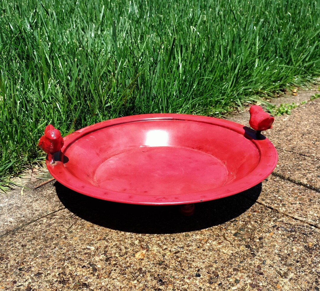 Metal Bird Bath Red Enameled With Two Birds 12.5" Diameter Antiqued ...