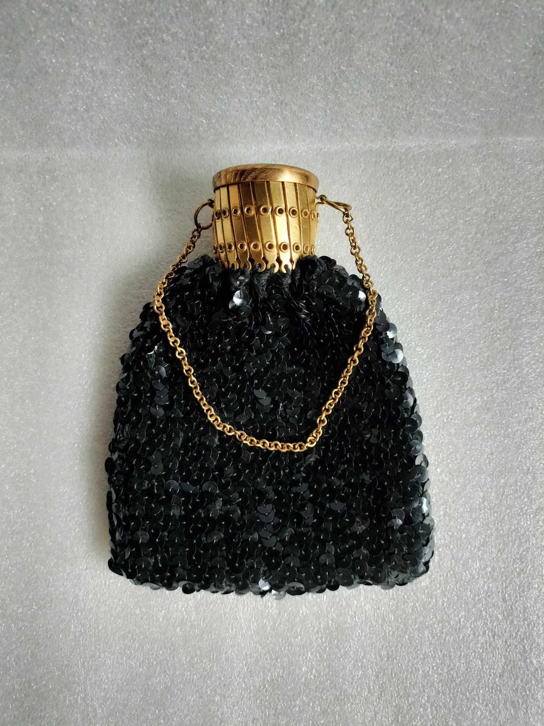 Vintage BLACK Sequined Beggars Bag Accordion PURSE Expandable Gate Top ...