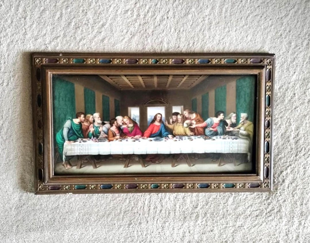 The Last Supper Vintage Painted Tile in Old Wooden Decorative Frame 14. ...