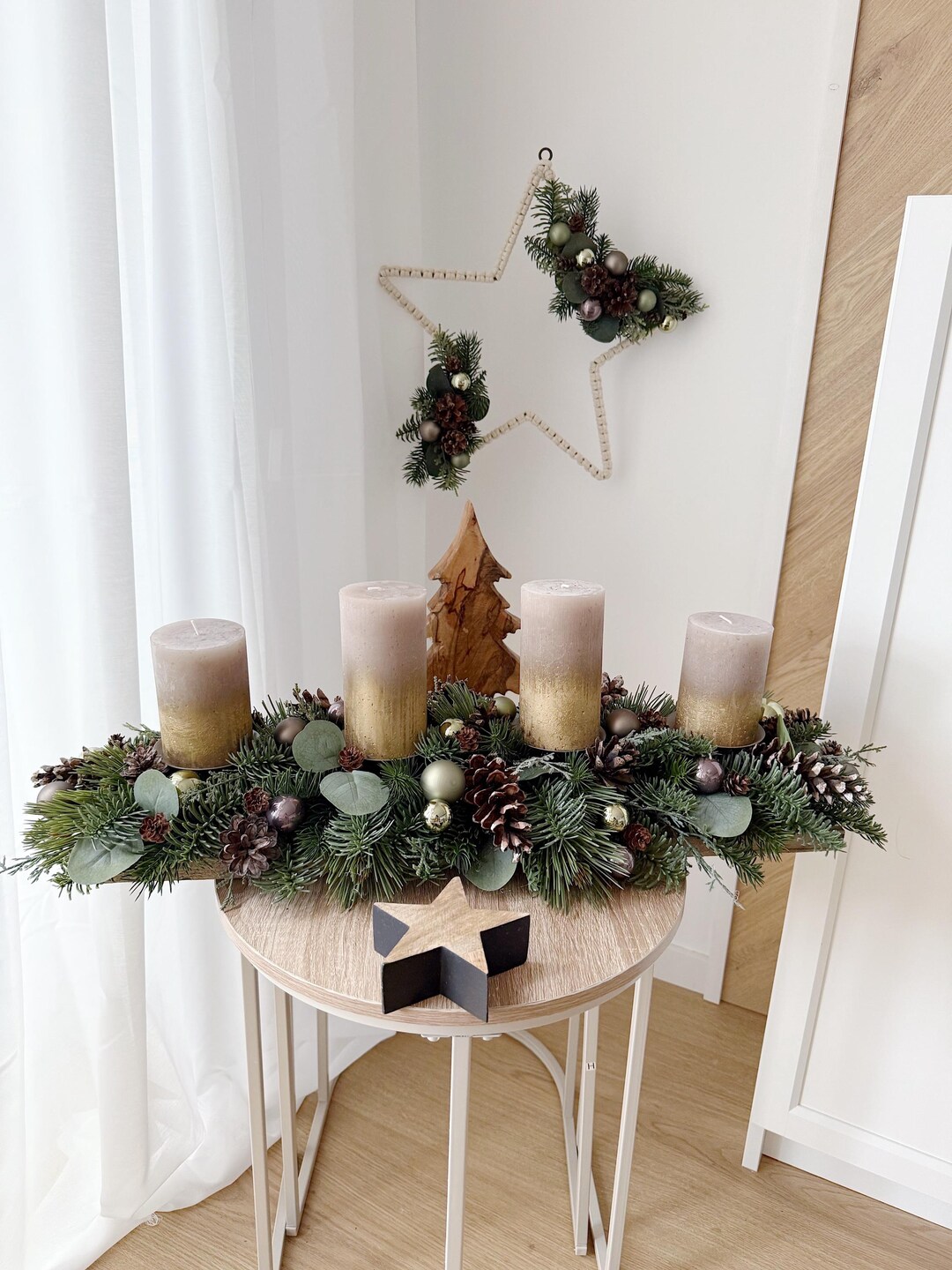Classic Large Advent Wreath on a Wooden Board Made of Fir, Eucalyptus ...