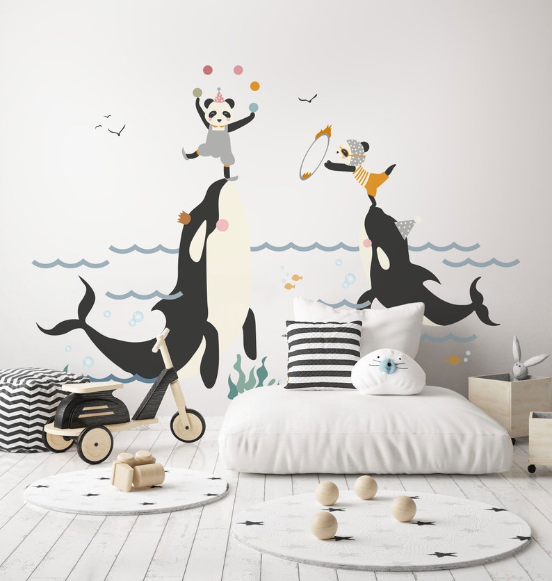 Animals Wall Decal Panda and Orcas Having Fun Together Wall Sticker ...