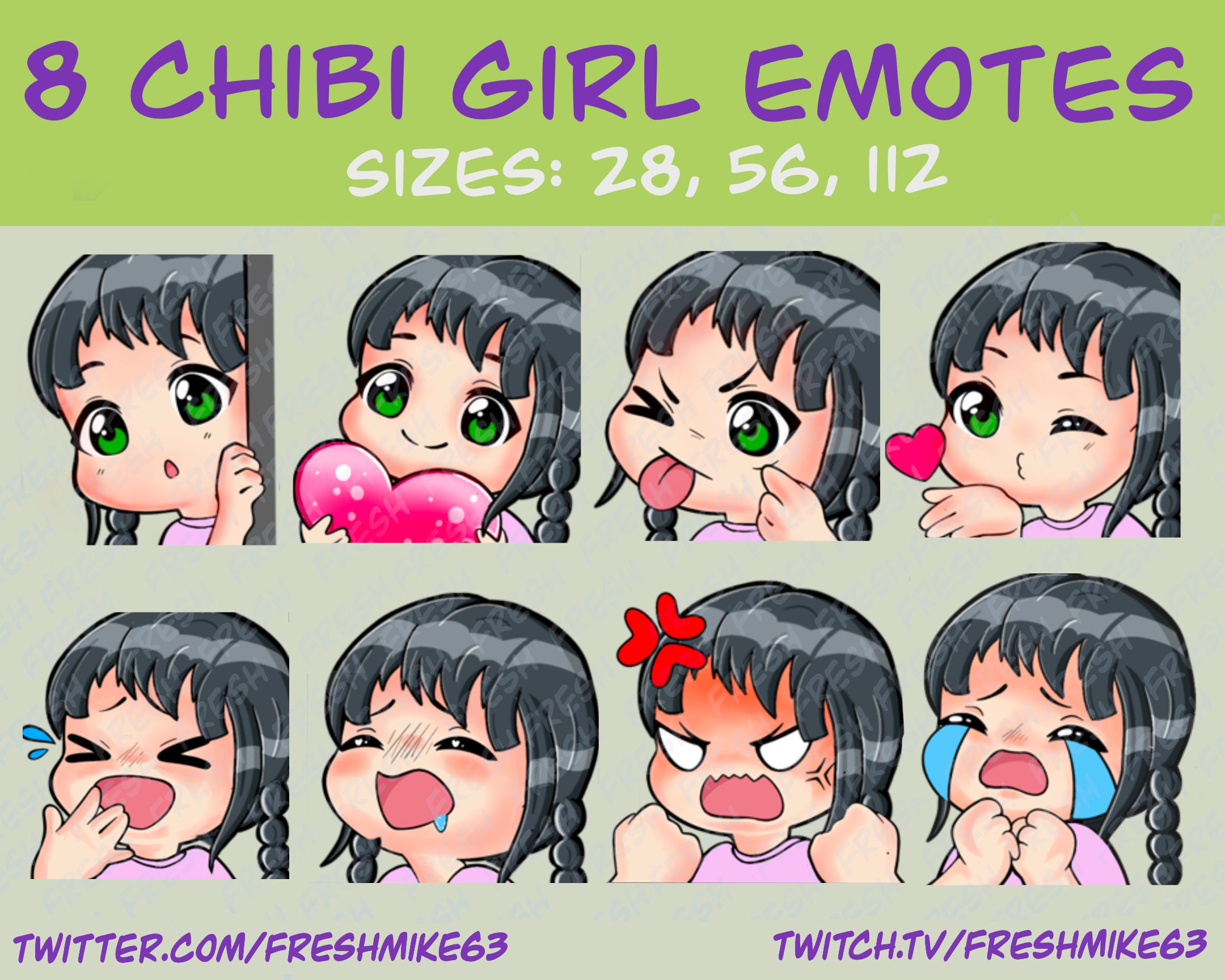 Chibi Girl Emotes | Green Eyes | Black Hair | Girl Emotes | Twitch ...
