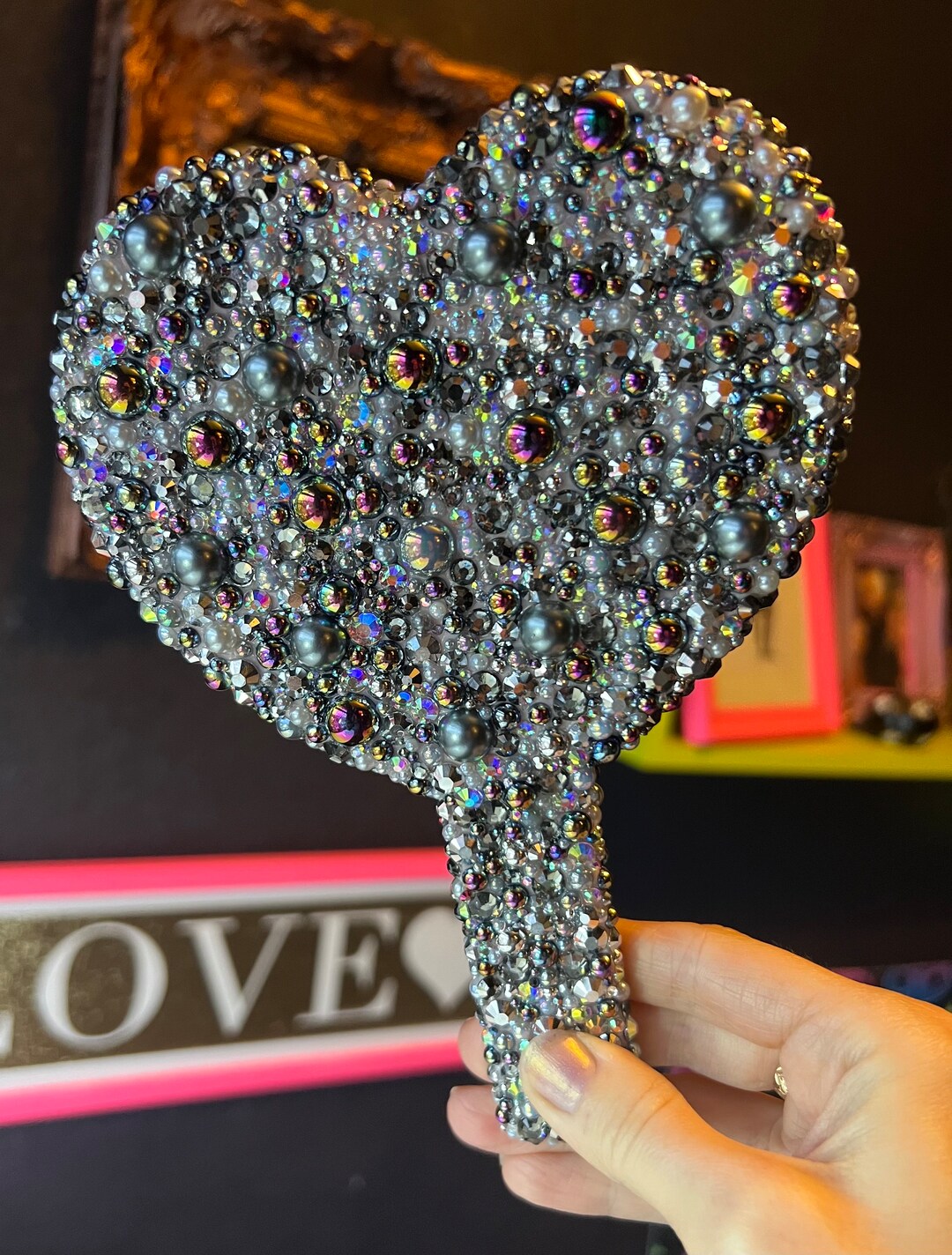 Gothic Glam Heart Mirror With Grey, AB & Silver Pearls and Enchanting ...