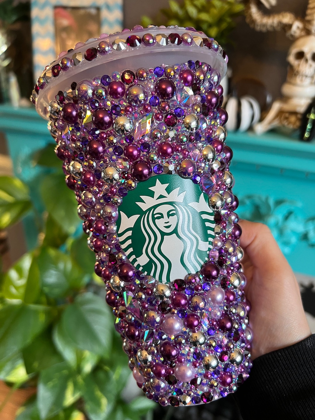 Purple Rhinestones and Pearls Embellished Starbucks Tumbler DRENCHED in ...