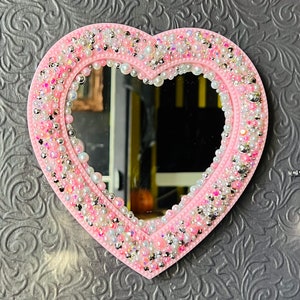 Pink Heart Mirror With Crystals, Pearls, Rhinestone Desk Decor - Etsy
