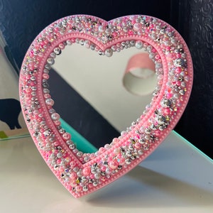 Pink Heart Mirror With Crystals, Pearls, Rhinestone Desk Decor - Etsy