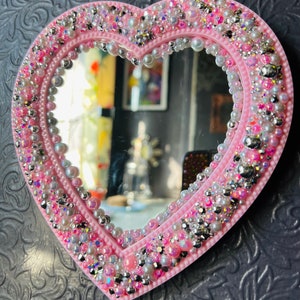 Pink Heart Mirror With Crystals, Pearls, Rhinestone Desk Decor - Etsy