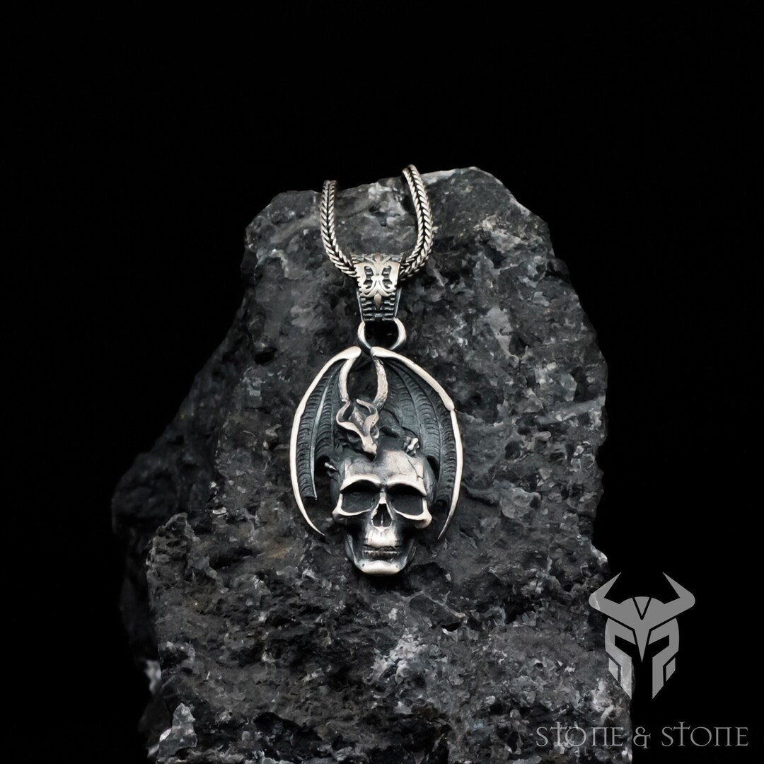 Solid Silver Skull and Winged Dragon Necklace, Skull and Dragon Pendant ...