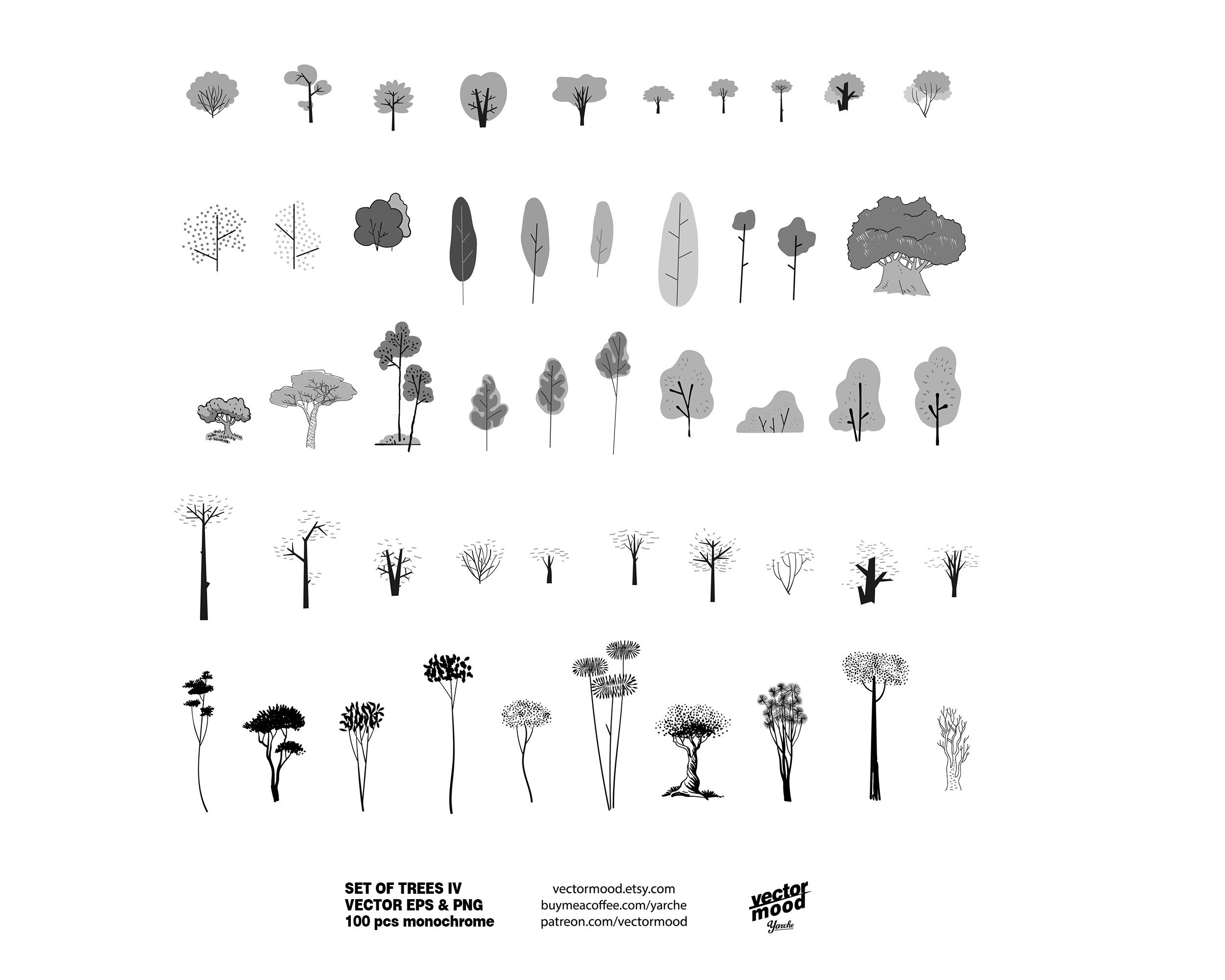 Vector Trees Set, Transparent Background, 100 Monochrome Trees and ...