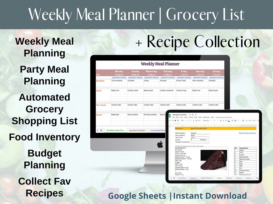 Digital Weekly Meal Planner Template Bundle Automated Grocery Shopping ...