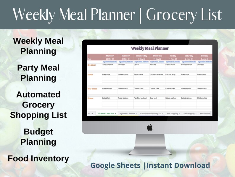 Digital Weekly Meal Planner Template | Automated Grocery Shopping List ...