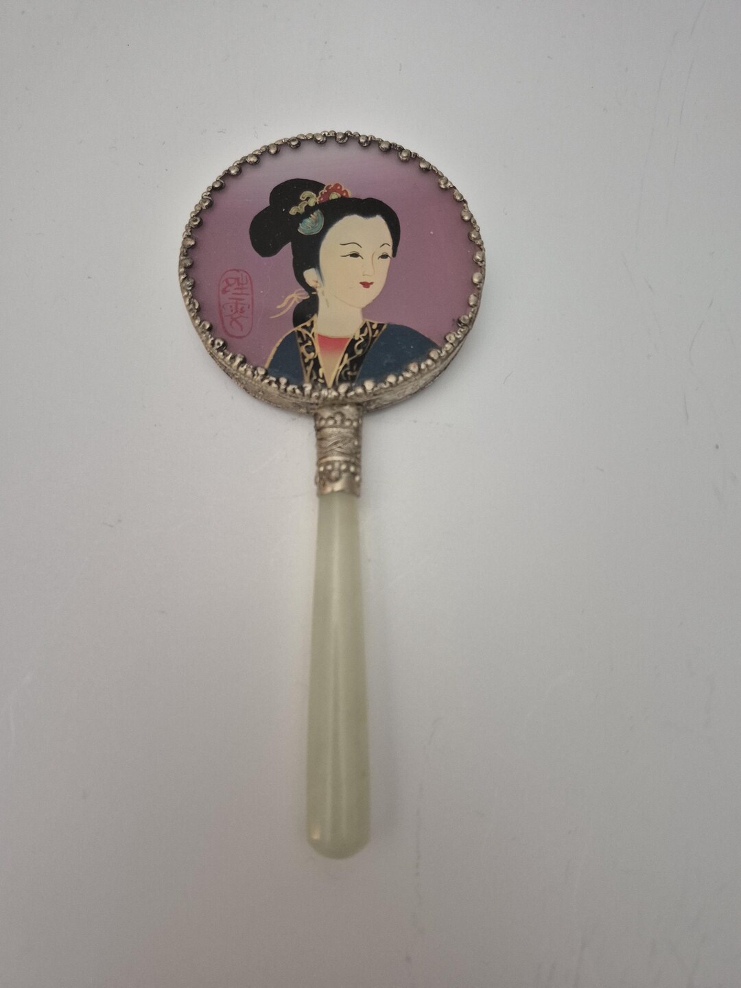 Vintage Asian Painted Hand Mirror Reverse Painted With Faux Jade Handle ...