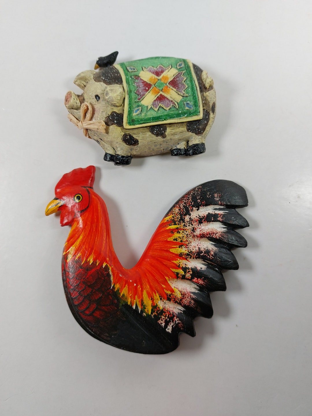 Cute Farm Animal Magnets - Set of 2 - Resin - Rooster & Pig With Bird ...