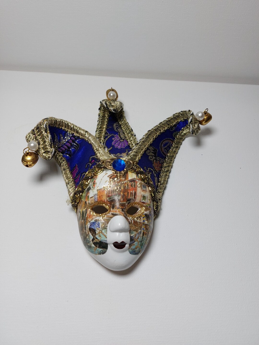 Blue & Gold Ceramic Miniature Jester Masquerade Venetian Wall Decor ...