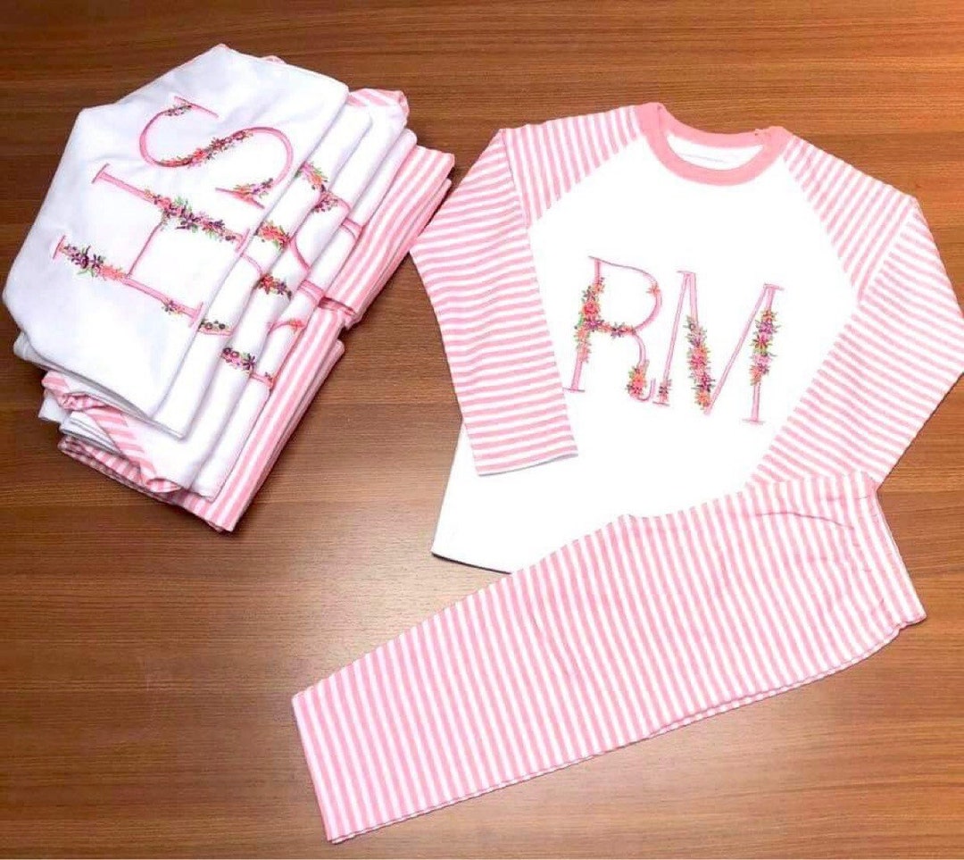 Childrens Personalised Flower Initial Pyjamas / Embroidered Pjs - Etsy