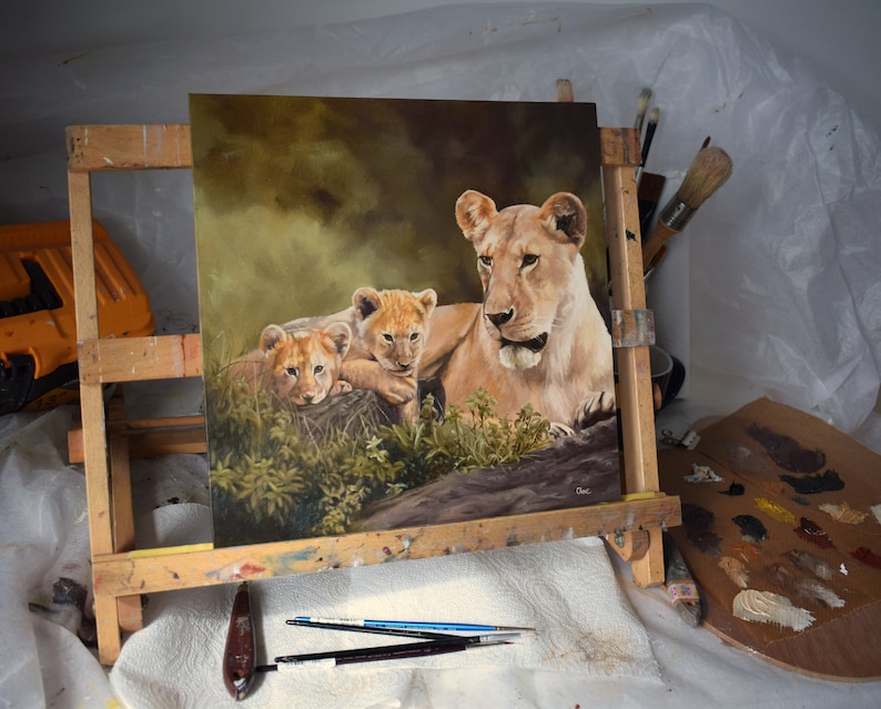 Guardian Lion and Cubs Oil Painting on Canvas Board - Etsy