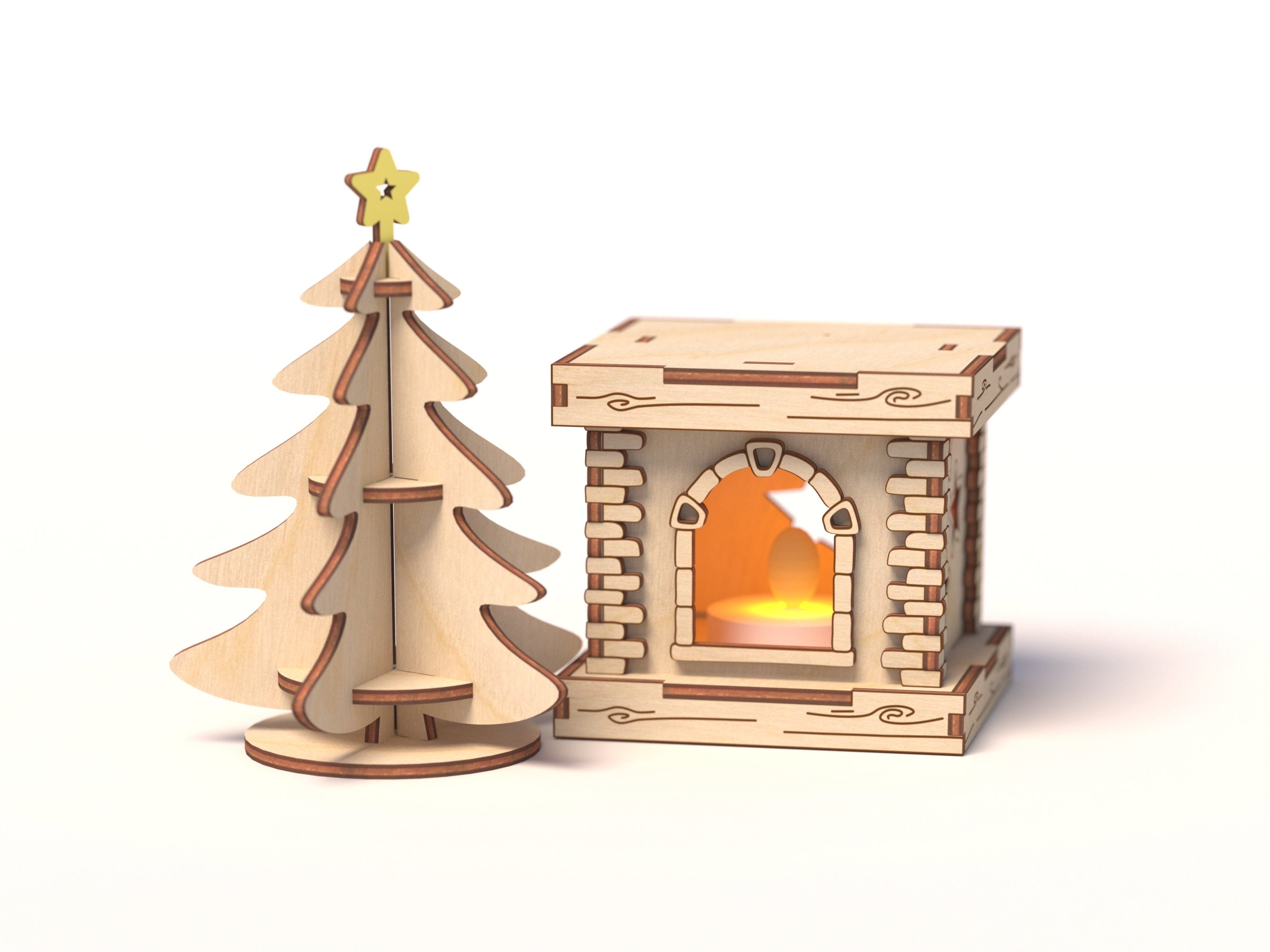 Fireplace and Fir-tree - Laser Cut File. for LED Candles. Christmas ...