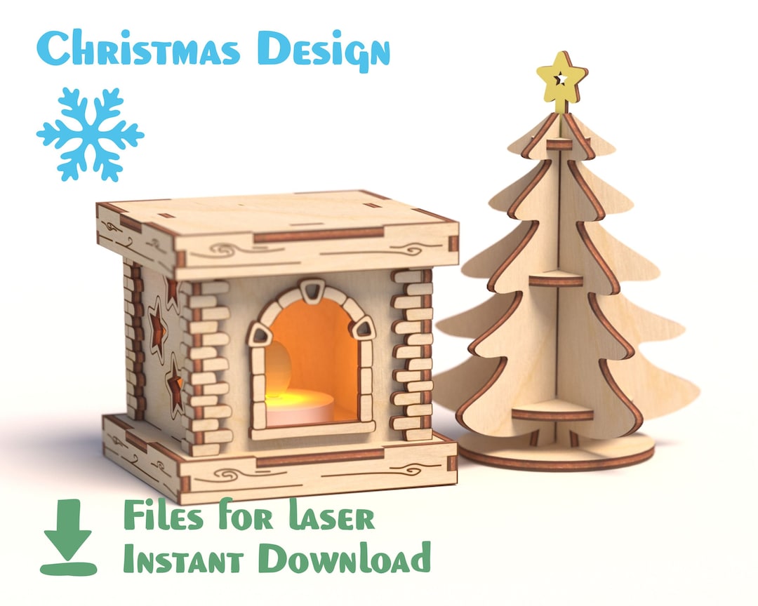 Fireplace and Fir-tree - Laser Cut File. for LED Candles. Christmas ...
