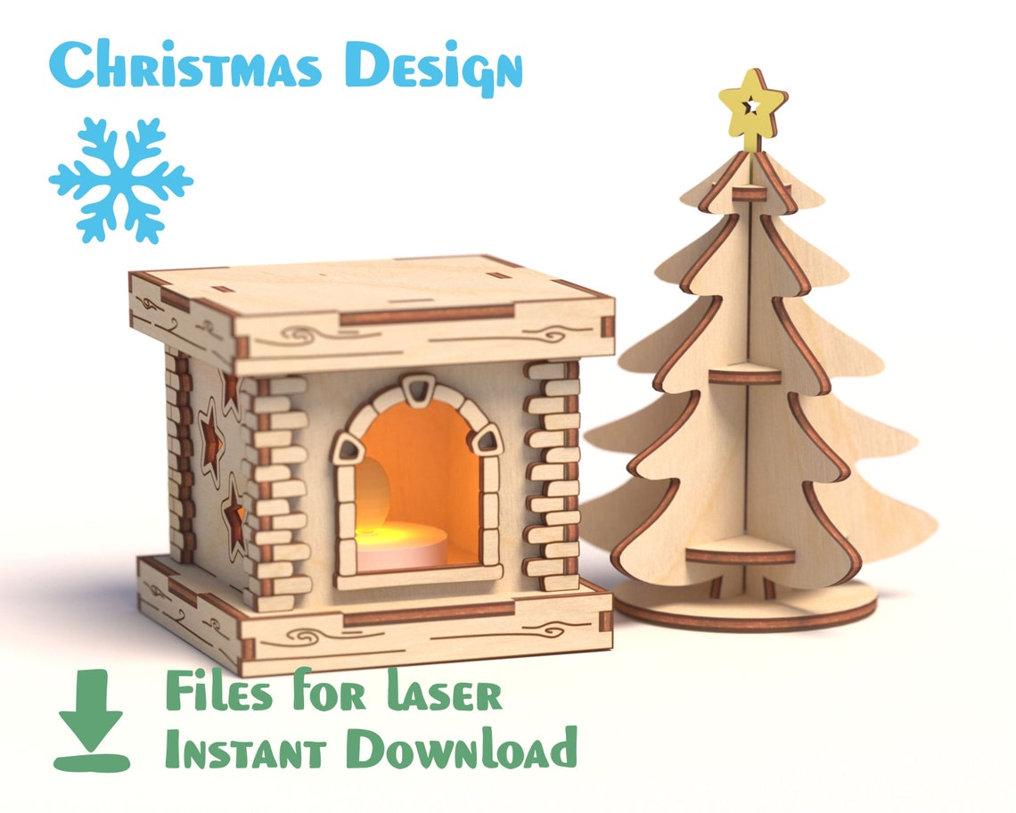 Fireplace and Fir-tree - Laser Cut File. for LED Candles. Christmas ...