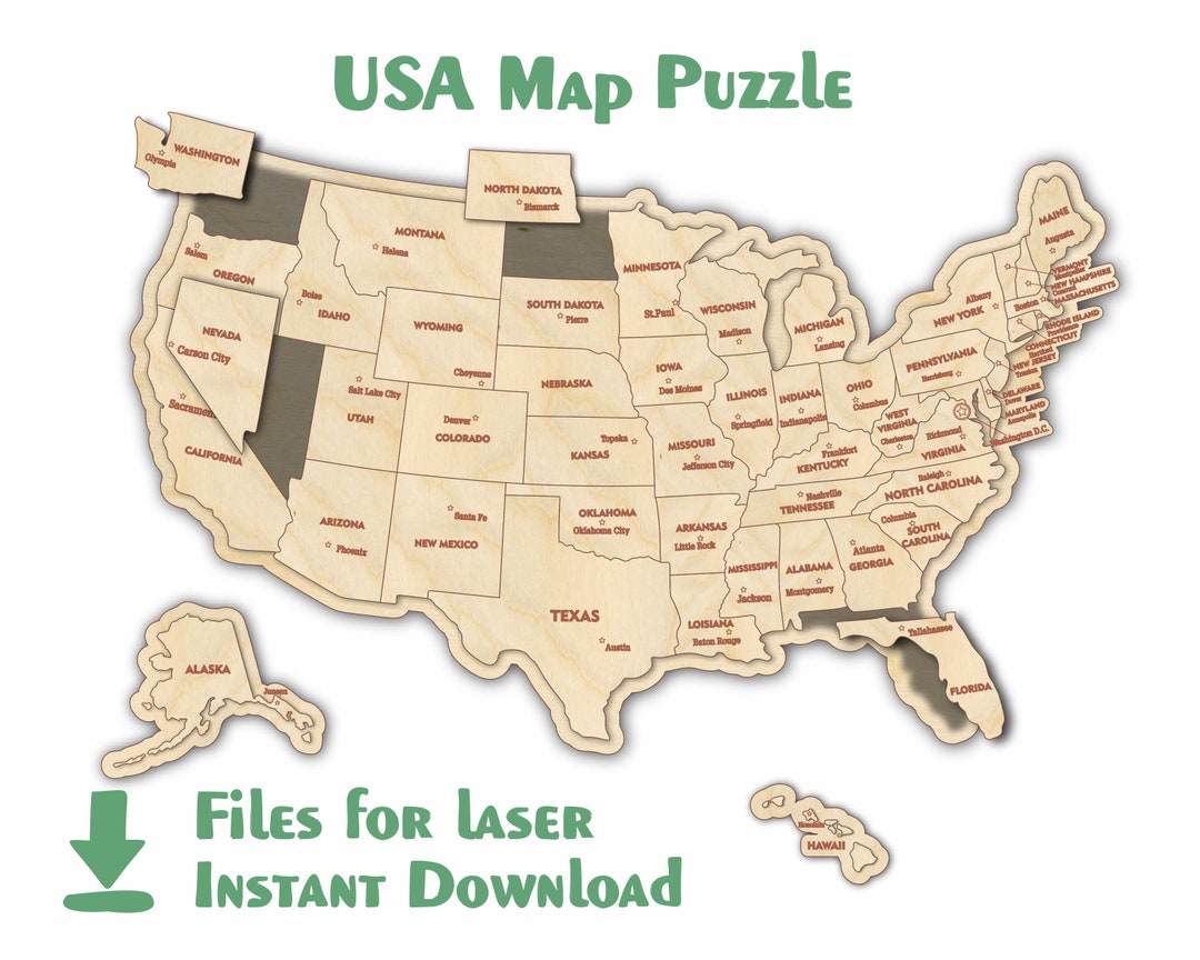 US Map – Wooden Puzzle – Laser Cut Files SVG, CDR Digital Product ...