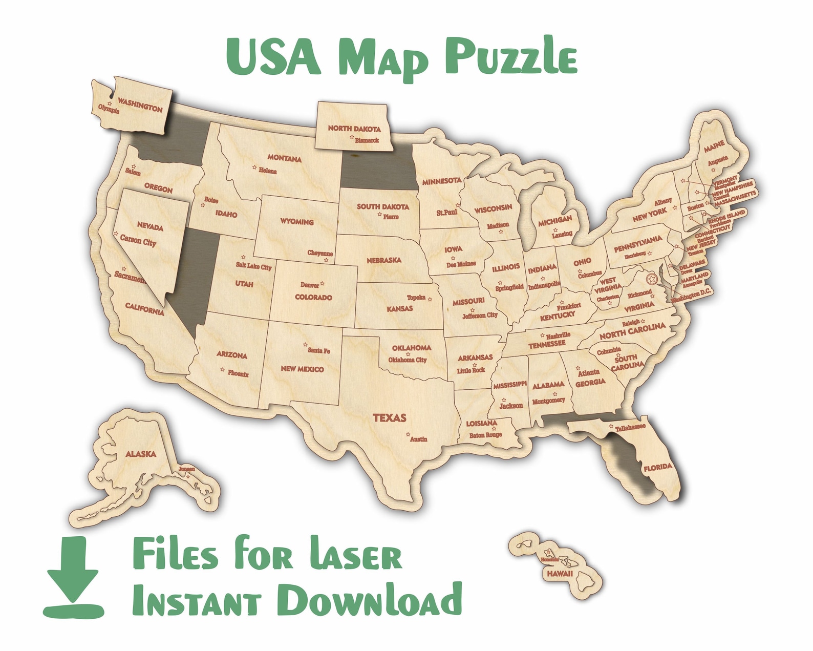 US Map Wooden Puzzle Laser Cut Files SVG CDR Digital - Etsy