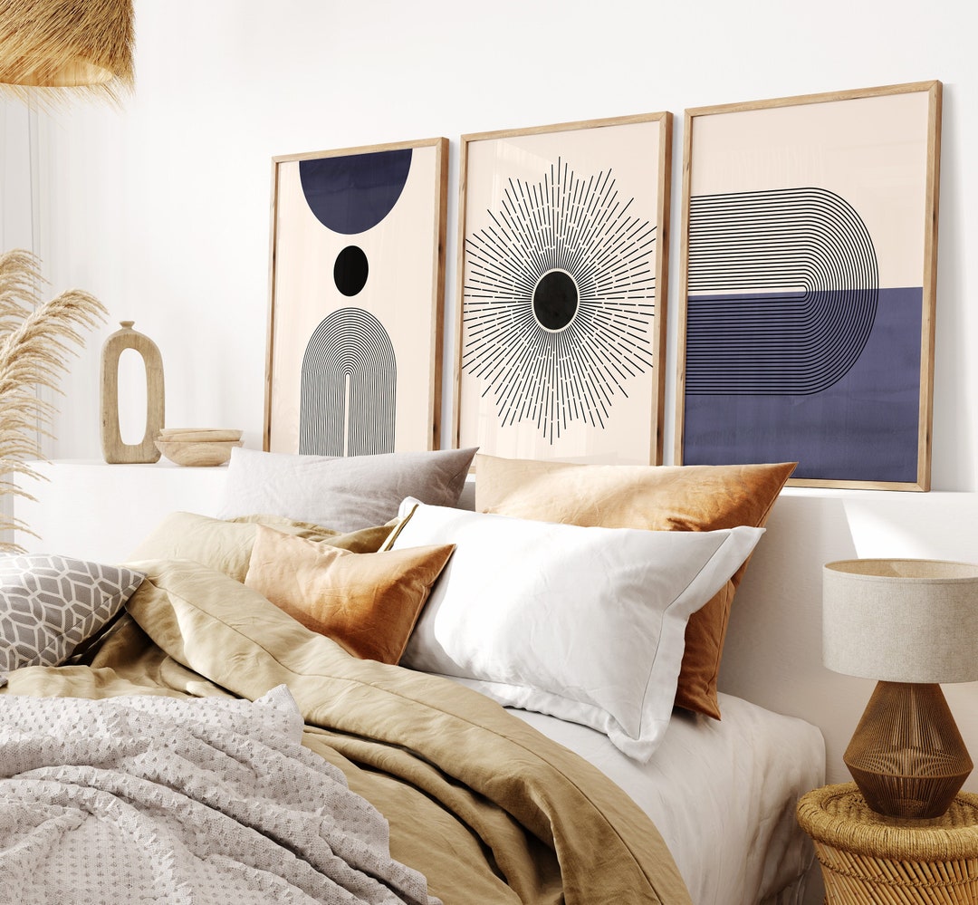 Set of 3 Blue Boho Wall Art Prints Modern Mid Century Navy Blue Wall ...