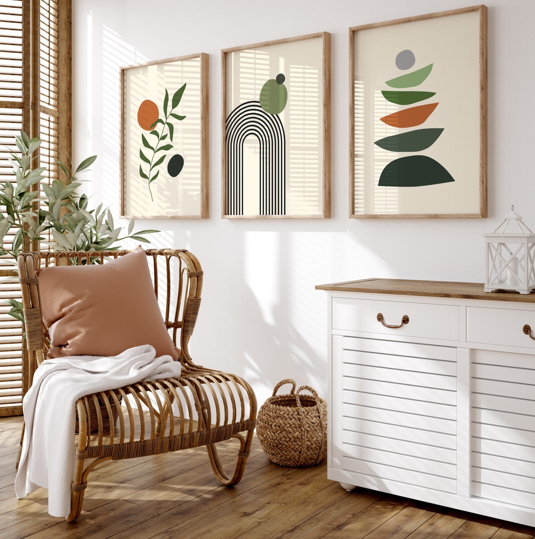 Boho Abstract Art Prints: Scandi Sage Green Wall Decor, Set of 3 - Etsy