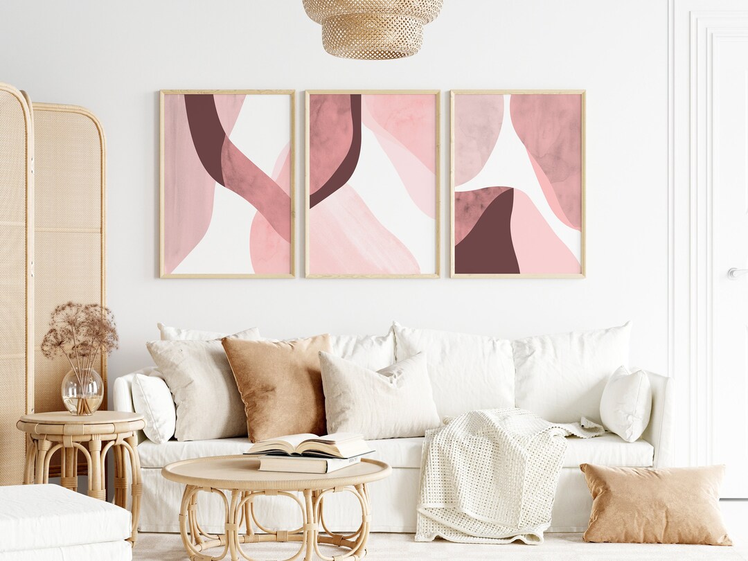 Light Pink Wall Art | Set of 3 Abstract Prints | Living Room Wall Art ...