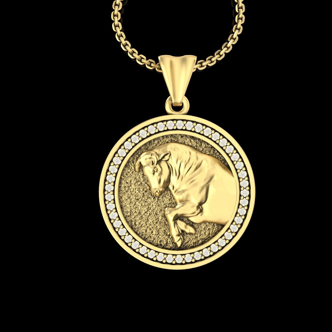Angry Bull 10K Gold Necklace, Animal Engraved Wild Bull Gold Pendant ...
