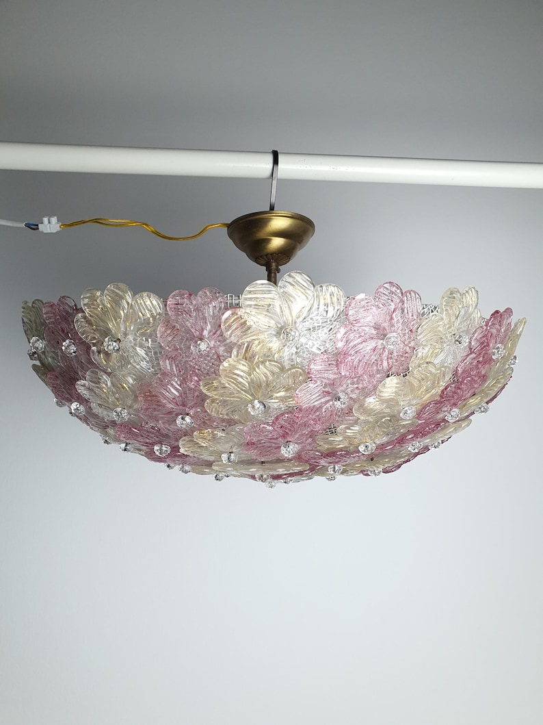 Vintage Murano Glass Millefiori Golden and Pink Flowers Semi Flush ...