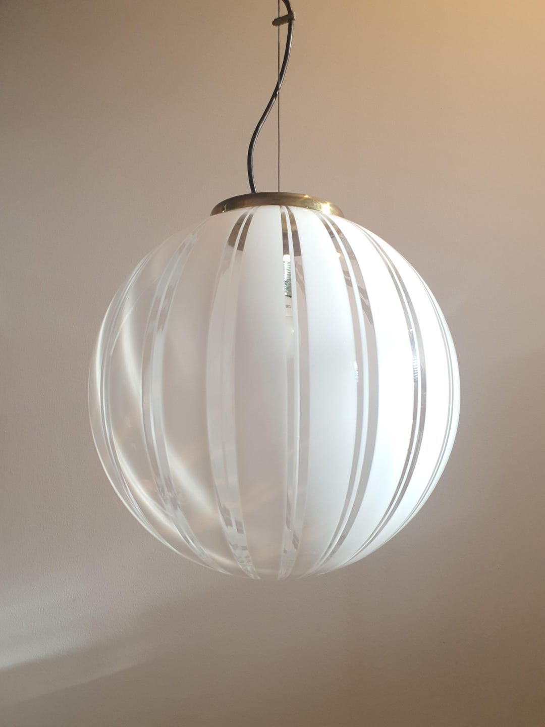 Murano Glass Filigree Stipes Globe Pendant Light | Retro White Lighting ...