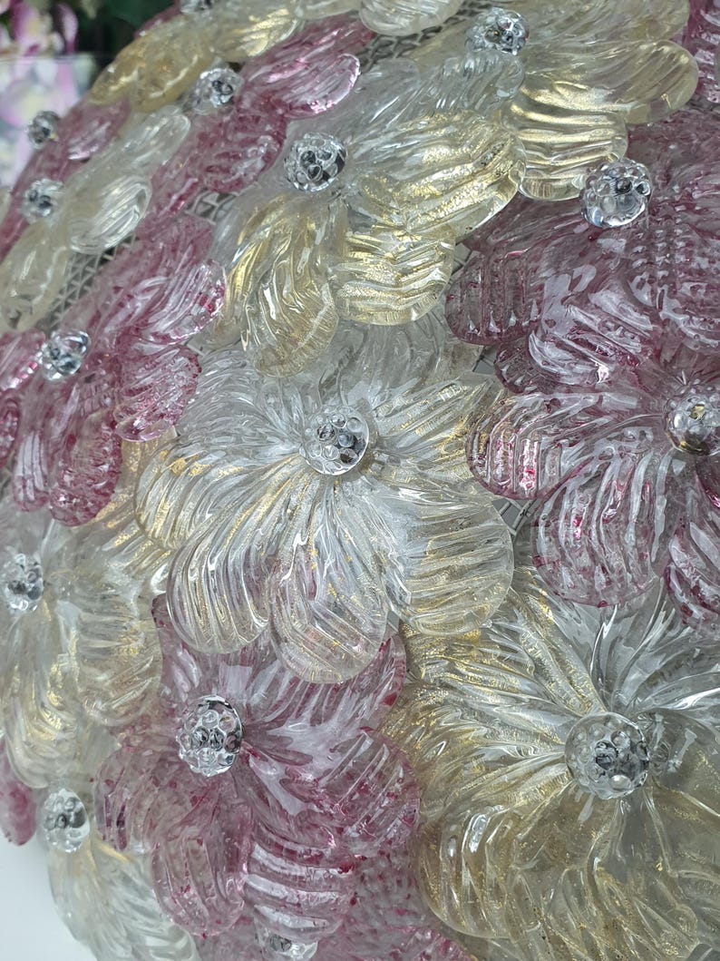Vintage Murano Glass Millefiori Golden and Pink Flowers Semi Flush ...