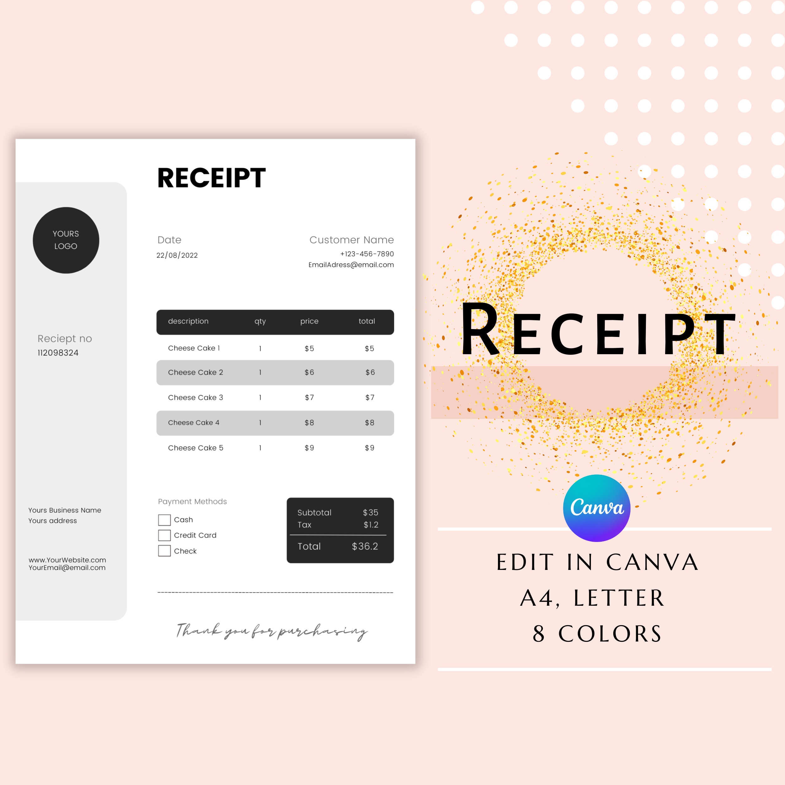 Editable Receipt Template – Canva Printable Billing Template – Order ...