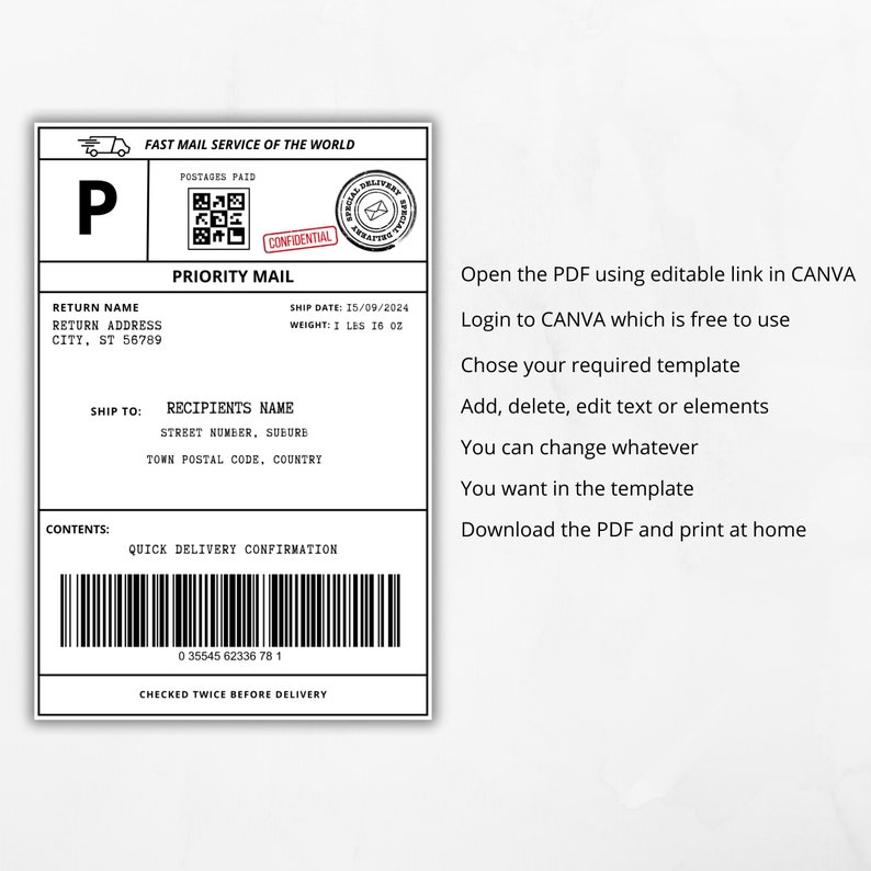 Fake Shipping Label Template | Editable Personalized Mail Label ...