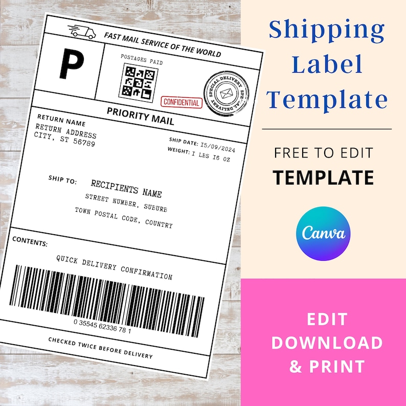Editable Shipping Label Template | Editable Personalized Mail Label ...