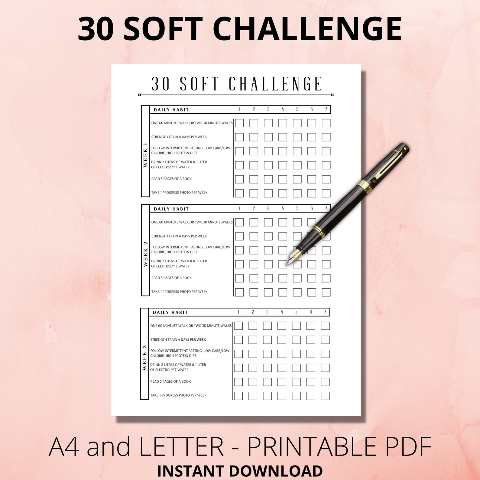 30 SOFT Challenge Tracker, Day Challenge Printable, Weight Loss ...