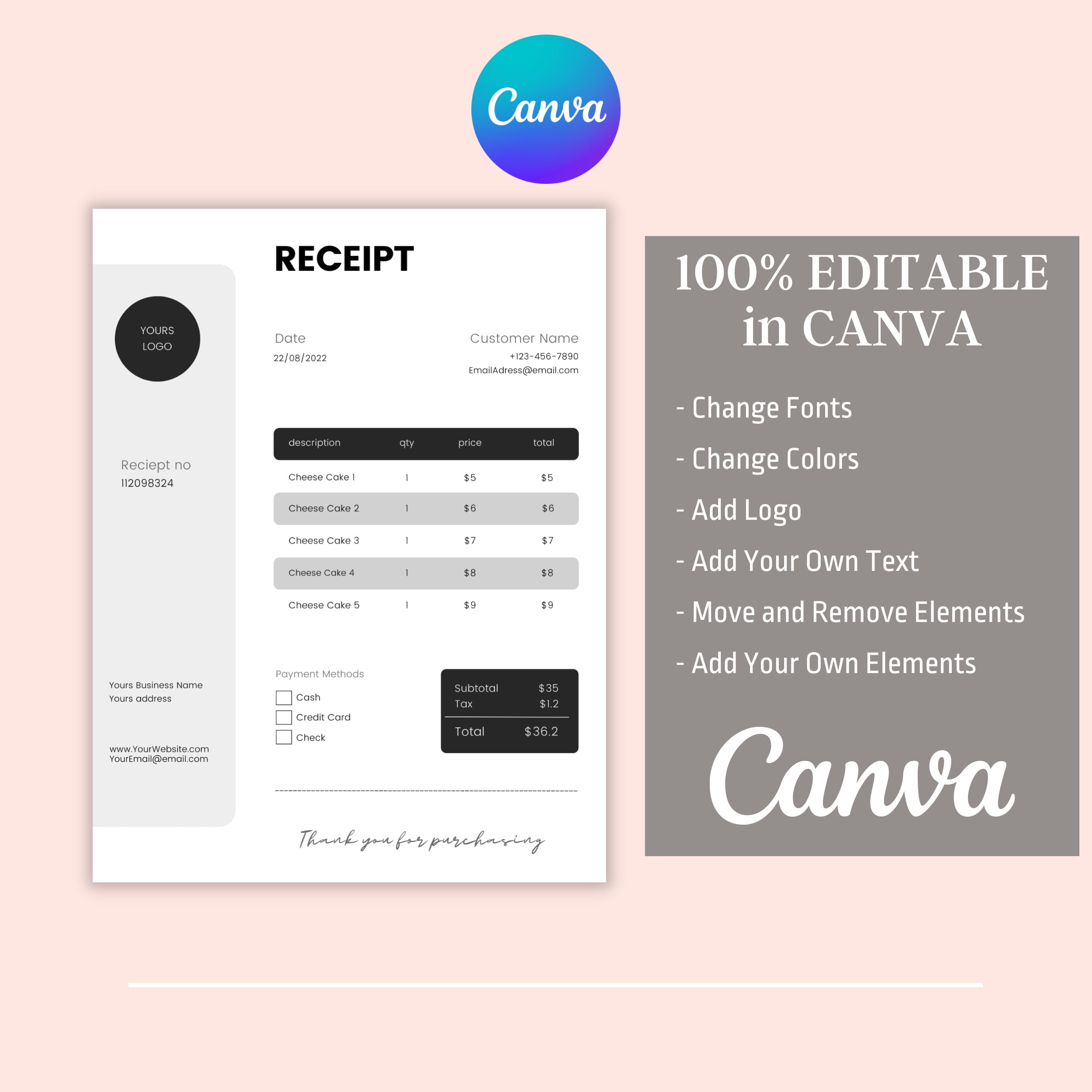 Editable Receipt Template – Canva Printable Billing Template – Order ...