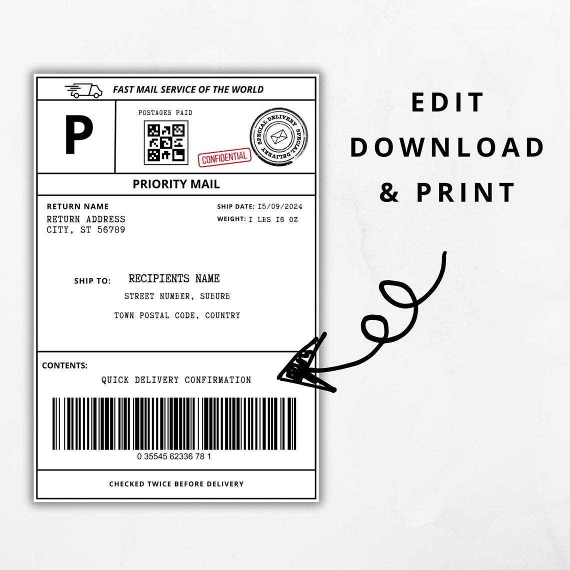 Editable Shipping Label Template | Editable Personalized Mail Label ...