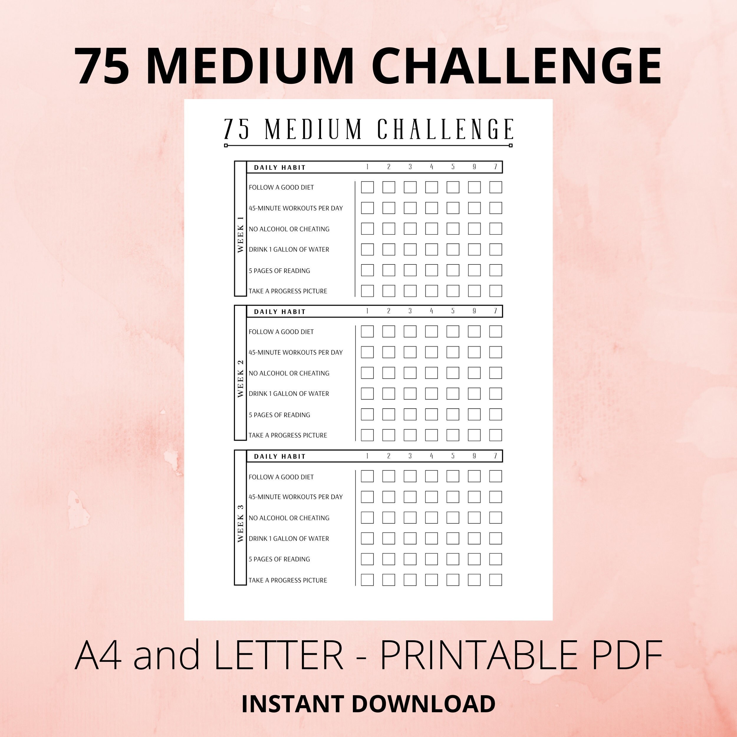 75 Medium Challenge Tracker, Day Challenge Printable, Weight Loss ...