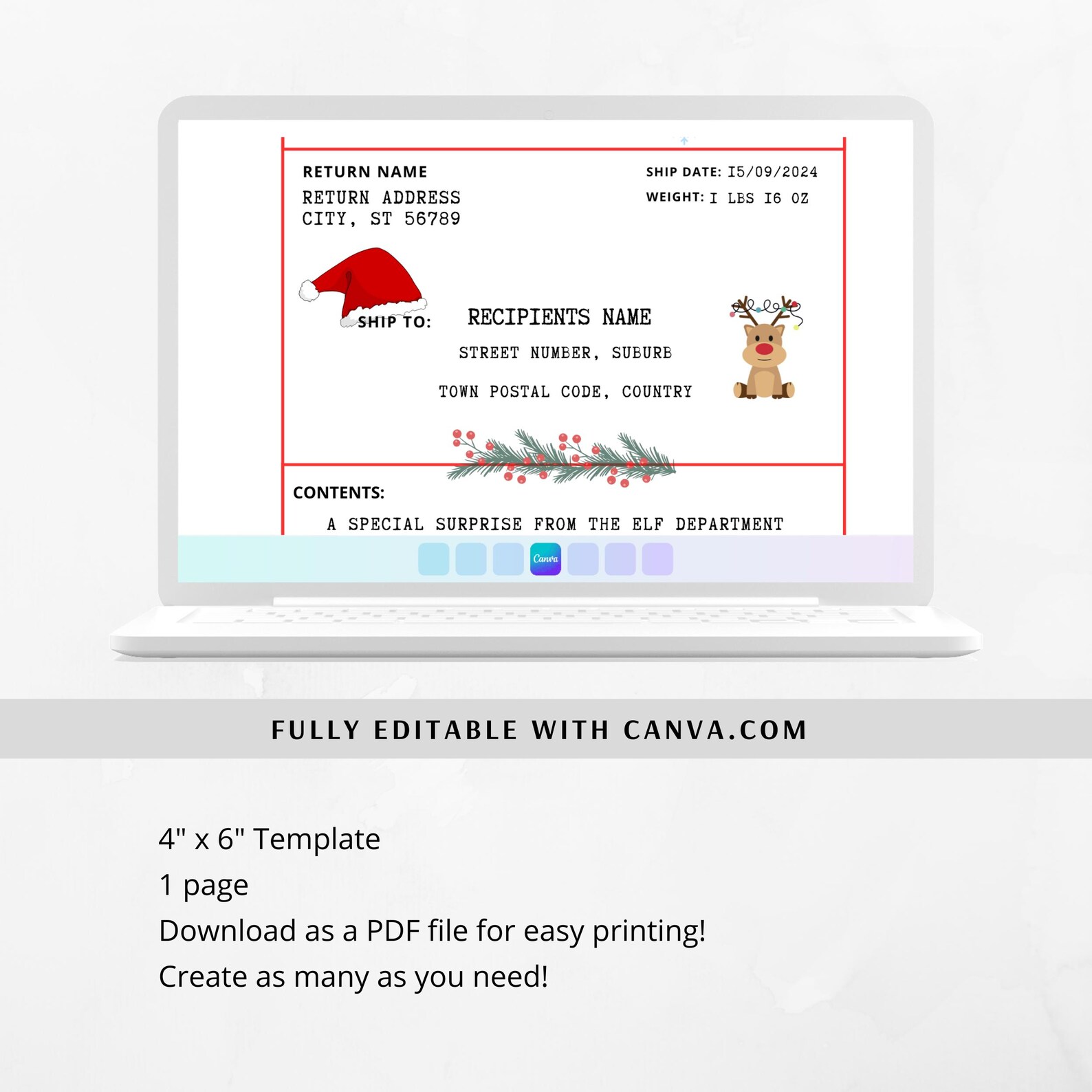 Editable Christmas Shipping Label Template, Editable Personalized Mail ...