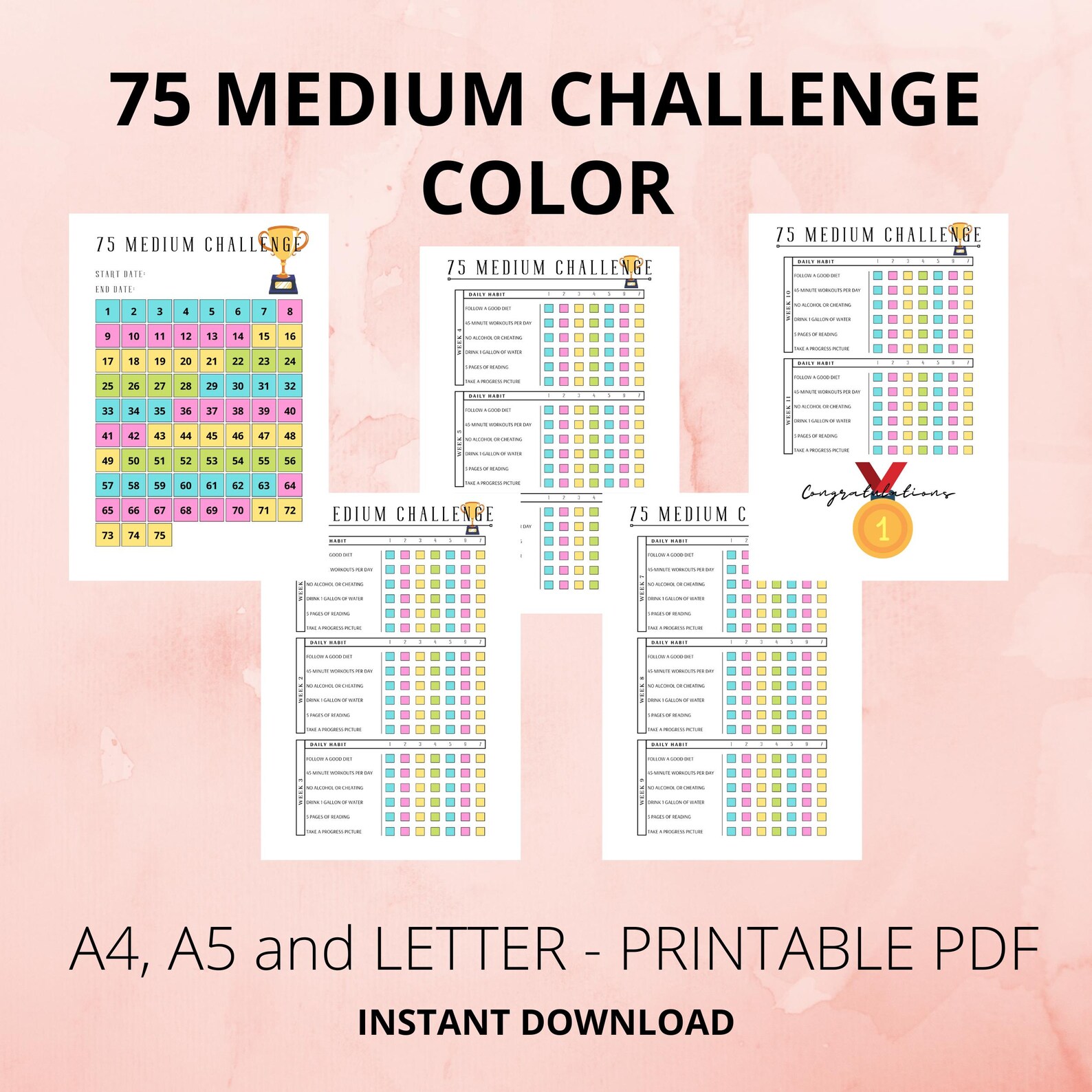 75 Medium Challenge Tracker, Day Challenge Printable, Weight Loss ...