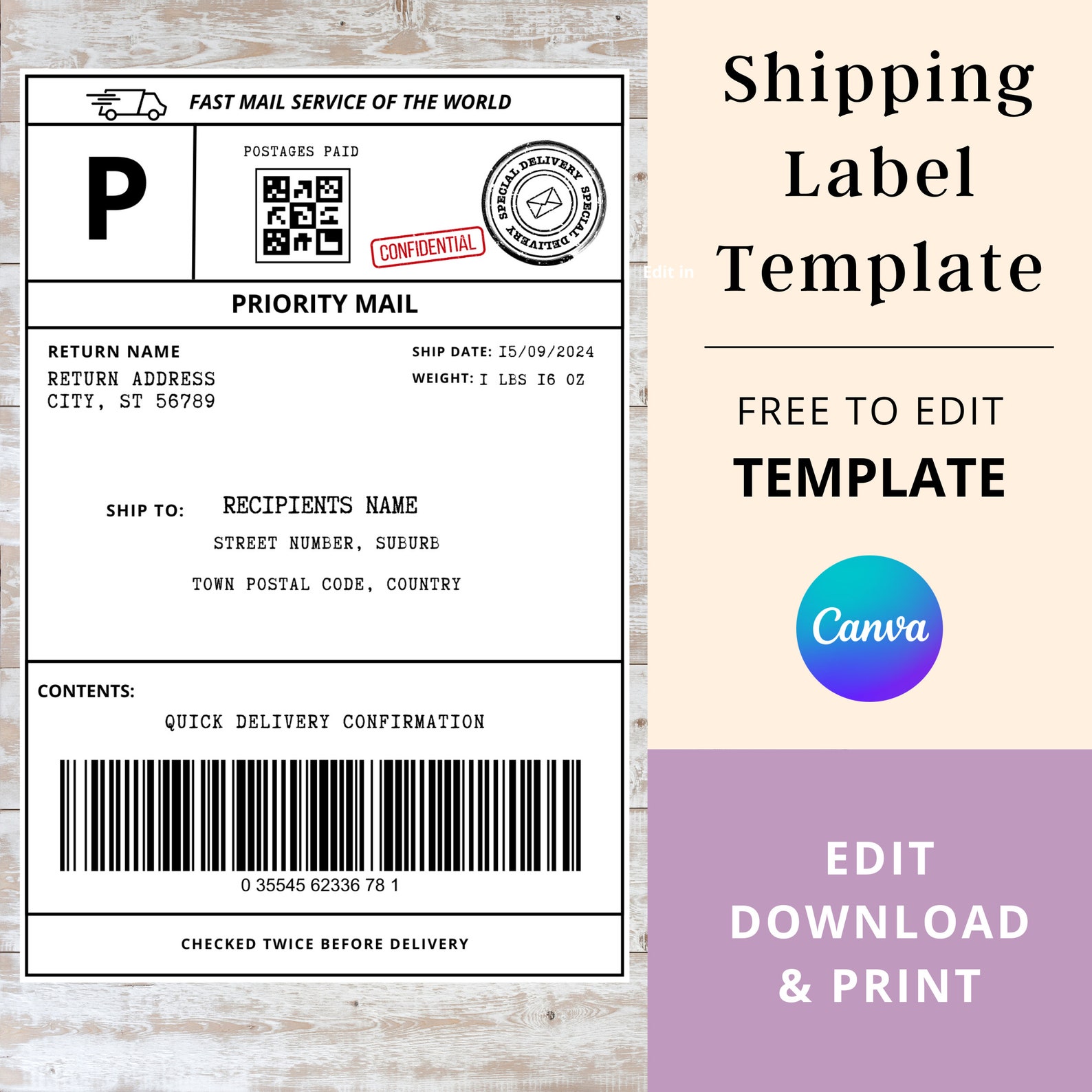 Fake Shipping Label Template | Editable Personalized Mail Label ...