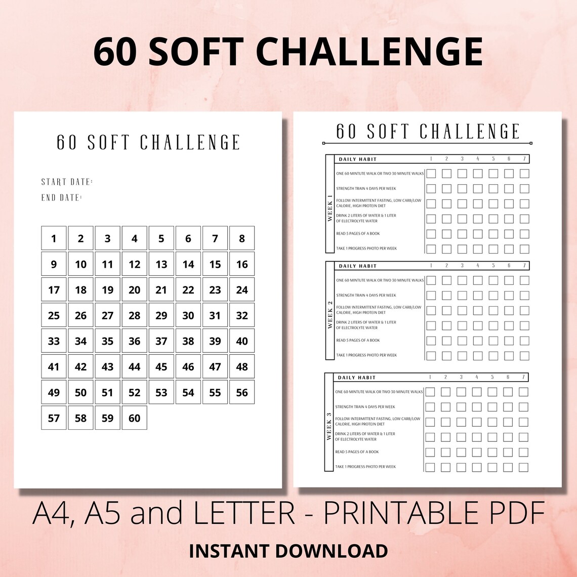 60 SOFT Challenge Tracker, Day Challenge Printable, Weight Loss ...