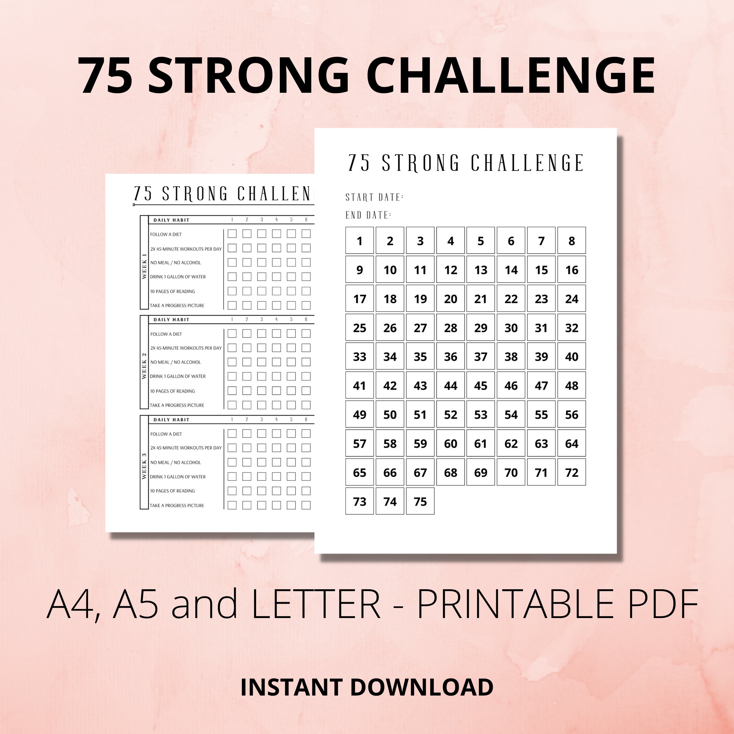 75 STRONG Challenge Tracker, Day Challenge Printable, Weight Loss ...