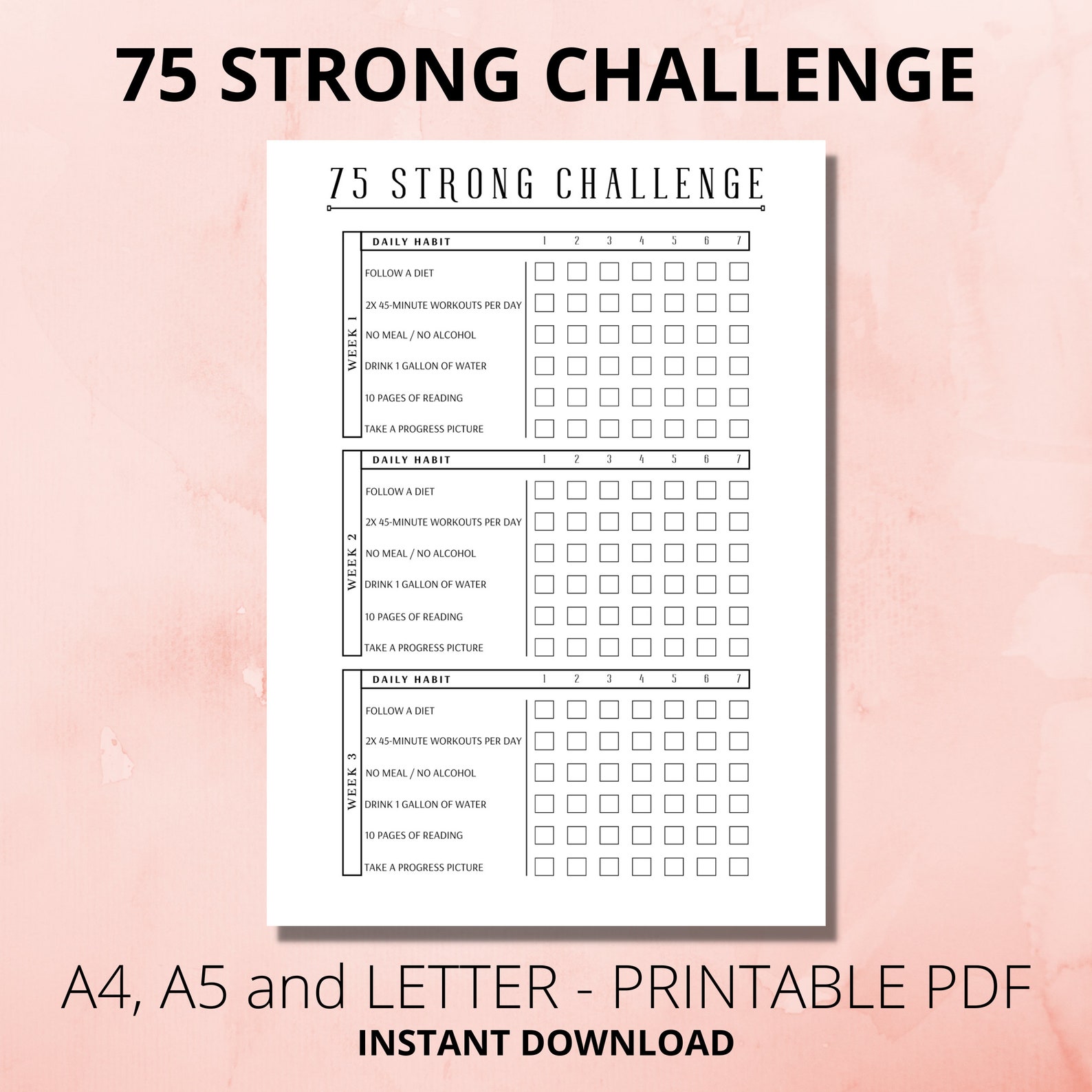 75 STRONG Challenge Tracker, Day Challenge Printable, Weight Loss ...