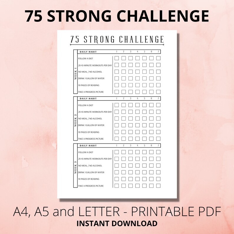 75 STRONG Challenge Tracker, Day Challenge Printable, Weight Loss ...