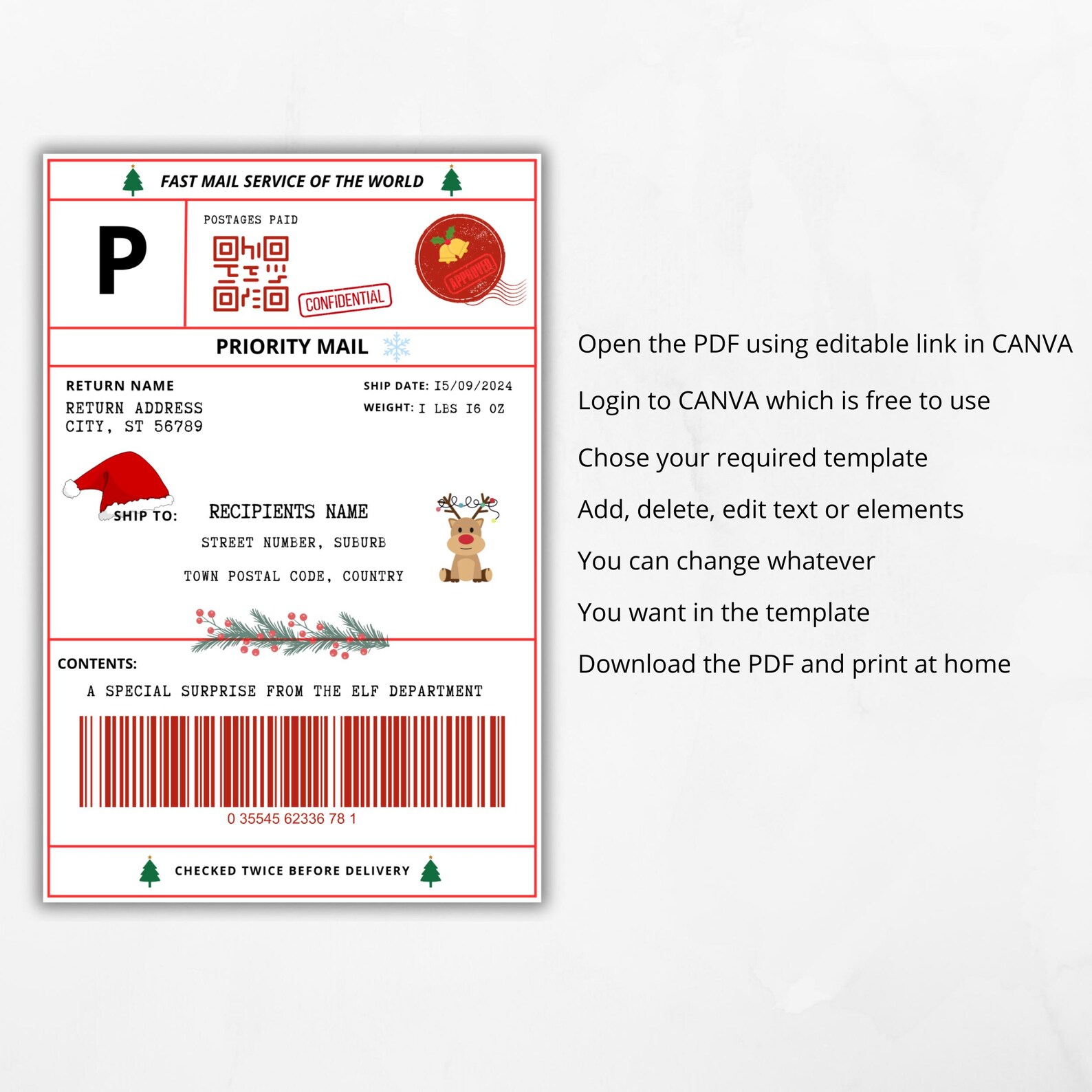 Editable Christmas Shipping Label Template, Editable Personalized Mail ...