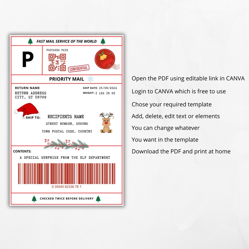 Editable Christmas Shipping Label Template, Editable Personalized Mail ...
