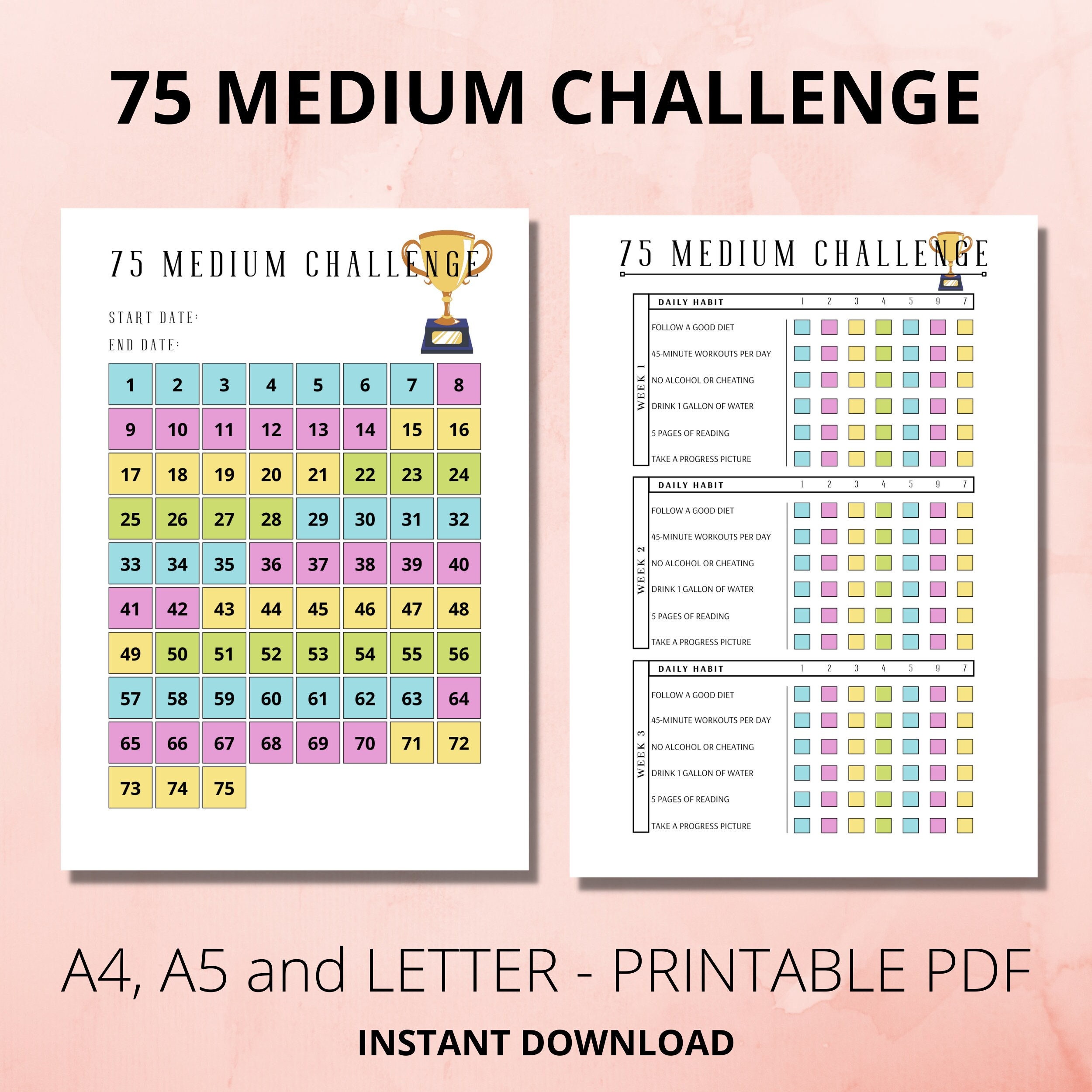 75 Medium Challenge Tracker, Day Challenge Printable, Weight Loss ...
